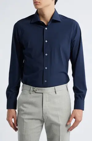 Zanella Piccadilly Solid Knit Nylon Blend Dress Shirt - Navy