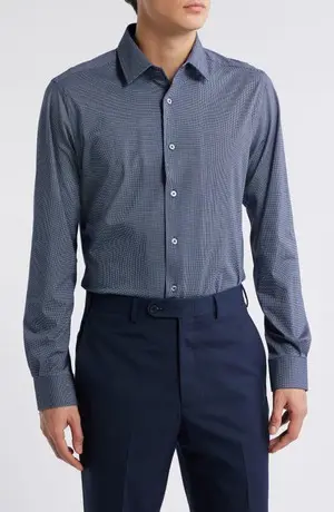 Zanella Bond Micropattern Knit Cotton Blend Dress Shirt - Navy