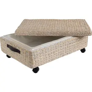 HAPPIMESS Chett Minimalist Hand-woven Hyacinth/wood Underbed Storage Bin With Wheels And Handles - White