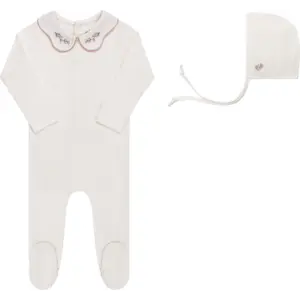 ELY'S & CO. Organic Wide Rib Embroidered Scallop Collar Footie And Bonnet Set - Ivory/pink