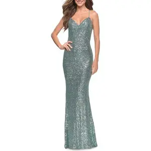 La Femme Soft Sequin Gown With Lace-up Back - Mint
