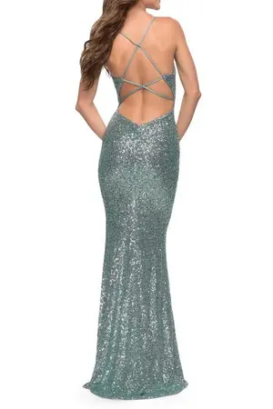 La Femme Soft Sequin Gown With Lace-up Back - Mint