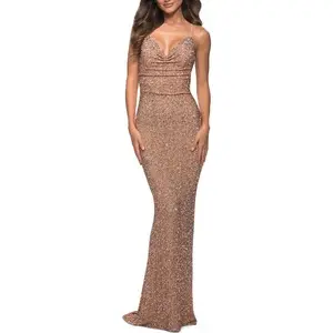 La Femme Soft Sequin Gown With Lace-up Back - Rose Gold