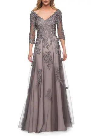 La Femme Lace A-line Gown With Sleeves - Pink/gray