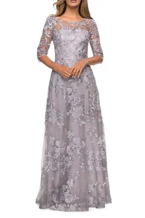 La Femme Cap Sleeve Evening Gown With Lace