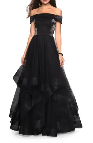 La Femme Off The Shoulder Tulle Ball Gown - Black