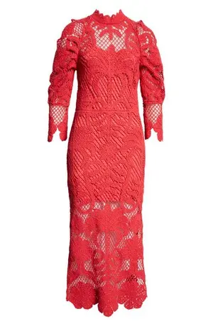 Farm Rio Long Sleeve Lace Knit Midi Dress