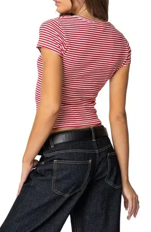 EDIKTED Kady Stripe Henley Top - Red