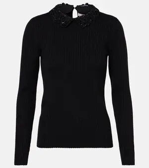 Carolina Herrera Embellished Ribbed-knit Top - Black