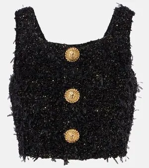 Balmain Lamé Tweed Crop Top - Black
