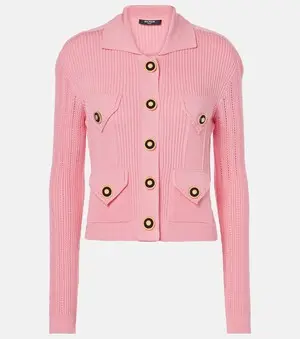 Balmain Ribbed-knit Cardigan With Faux Pockets - Pink