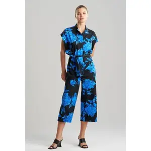 Natori Miyako Printed Crop Jumpsuit - Blue W/ Black
