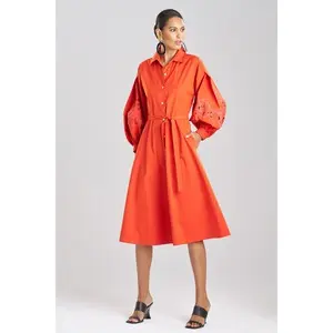 Natori Tech Cotton Taffeta Belted Shirt Dress With Embroidery - Orange