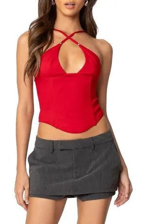 EDIKTED Lou Crossover Strap Corset Camisole - Red