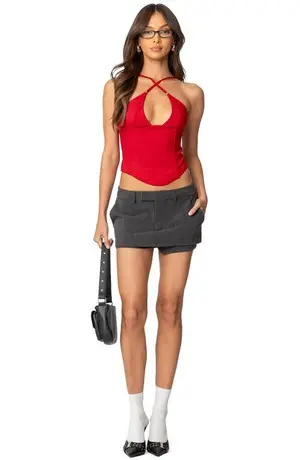 EDIKTED Lou Crossover Strap Corset Camisole - Red