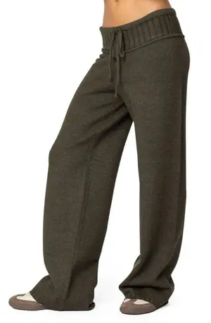EDIKTED Russell Wide Leg Sweater Knit Pants - Olive
