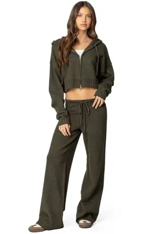 EDIKTED Russell Wide Leg Sweater Knit Pants - Olive