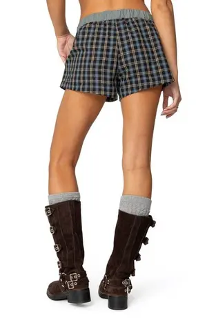 EDIKTED Mix Plaid Cotton Boxer Shorts - Blue
