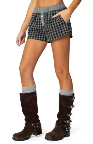 EDIKTED Mix Plaid Cotton Boxer Shorts - Blue