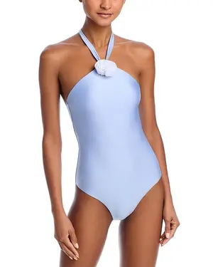 Aqua Rosette Halter Neck One Piece Swimsuit