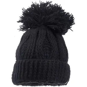 NIRVANNA DESIGNS Big Pom Rib Fold Hat - Black