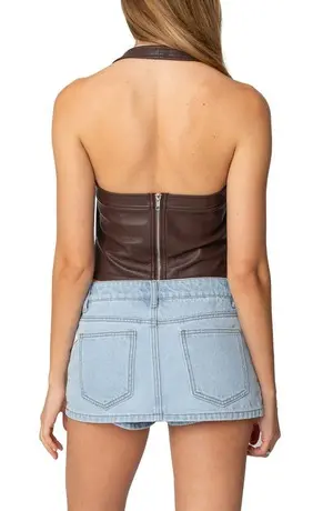 EDIKTED Faux Leather Halter Crop Top