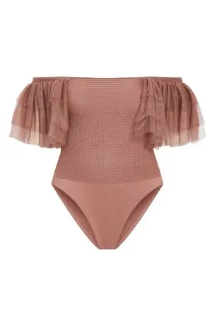 City Chic Azariah Shirred Tulle Sleeve Bodysuit