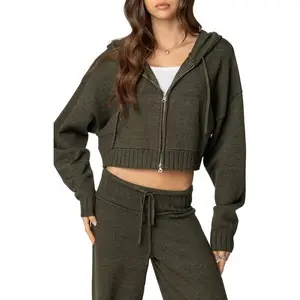 EDIKTED Russell Crop Hooded Zip Sweater - Olive