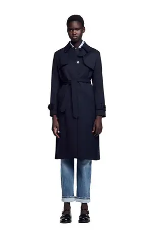Sandro Trench Coat With Pleated Inset - Navy Blue