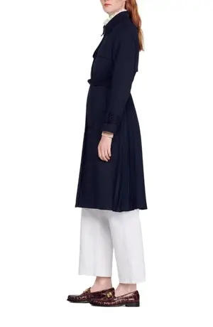 Sandro Trench Coat With Pleated Inset - Navy Blue