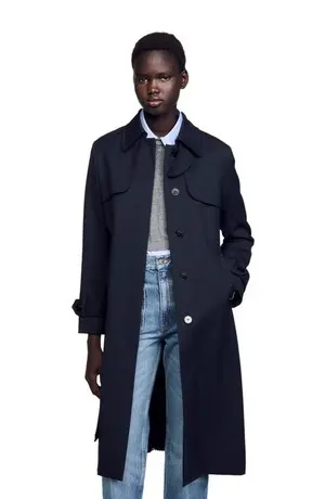 Sandro Trench Coat With Pleated Inset - Navy Blue