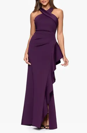 XSCAPE EVENINGS Ruffle Scuba Knit Gown - Plum