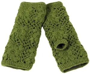 NIRVANNA DESIGNS Flower Crochet Fingerless Handwarmers - Green