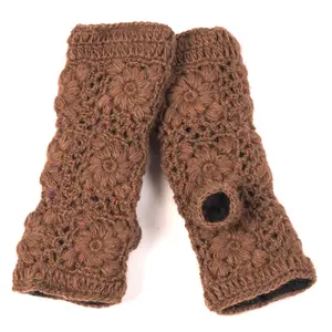 NIRVANNA DESIGNS Flower Crochet Fingerless Handwarmers - Mud