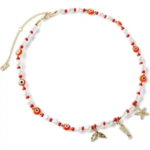 RUBI SHOES Beaded Necklace Up Gold Multi Charm Red Evil