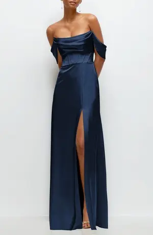 After Six Off The Shoulder Satin Charmeuse Gown - Midnight