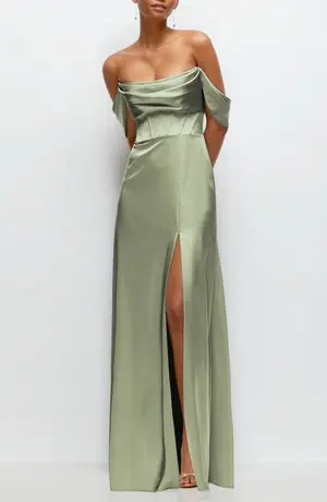 After Six Off The Shoulder Satin Charmeuse Gown - Sage