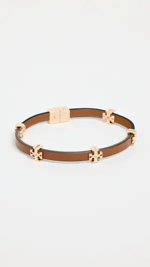 Tory Burch Leather Logo Emblem Bracelet - Tory Gold/classic Chestnut