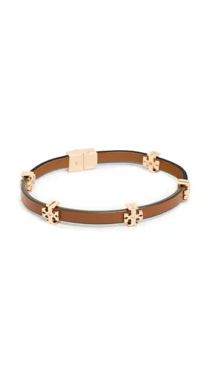 Tory Burch Leather Logo Emblem Bracelet - Tory Gold/classic Chestnut