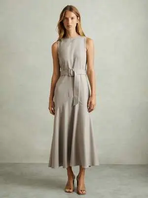 REISS Danni Belted Flared Midi Dress