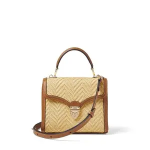 ASPINAL OF LONDON Midi Mayfair Top Handle Bag In English Rose Garden Hand Embroidery On Canvas Raffia - Tan