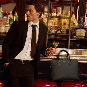 ASPINAL OF LONDON Slim Leather Briefcase Bag In Pebble - Black