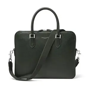 ASPINAL OF LONDON Slim Leather Briefcase Bag In Pebble - Green