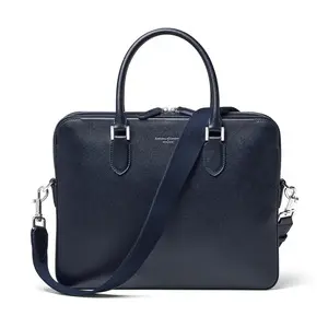 ASPINAL OF LONDON Slim Leather Briefcase Bag In Pebble - Navy