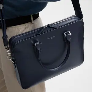 ASPINAL OF LONDON Slim Leather Briefcase Bag In Pebble - Navy