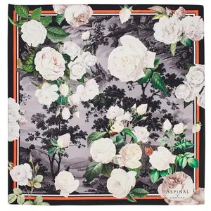 ASPINAL OF LONDON Roses Of The Orient Silk Scarf In Pink & Green Pure Silk Black/white