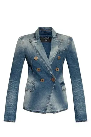 Balmain Double Breasted Tailored Denim Jacket - Blue