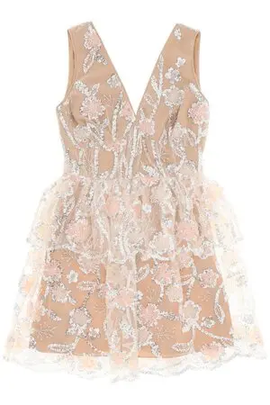 SELF-PORTRAIT Self-Portrait Sequin Flower Mini Dress - Beige