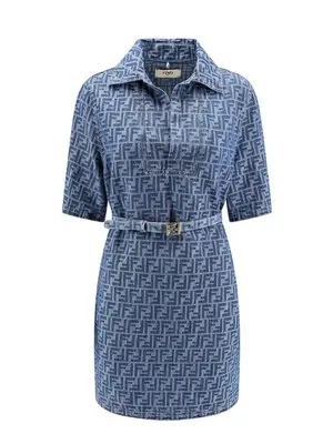 Fendi Fendi FF Jacquard Belted Denim Shirt Dress - Blue
