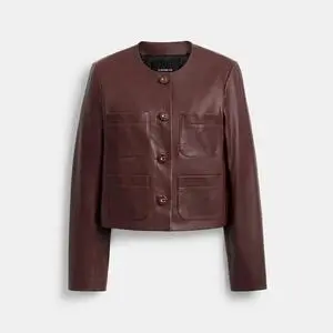 COACH Collarless Leather Jacket - Burgundy